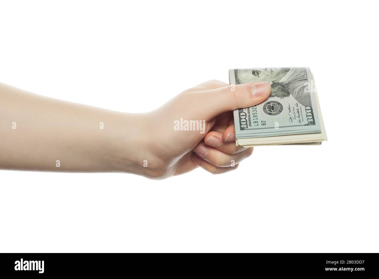 Human hand with American dollars cash money isolated on white ...