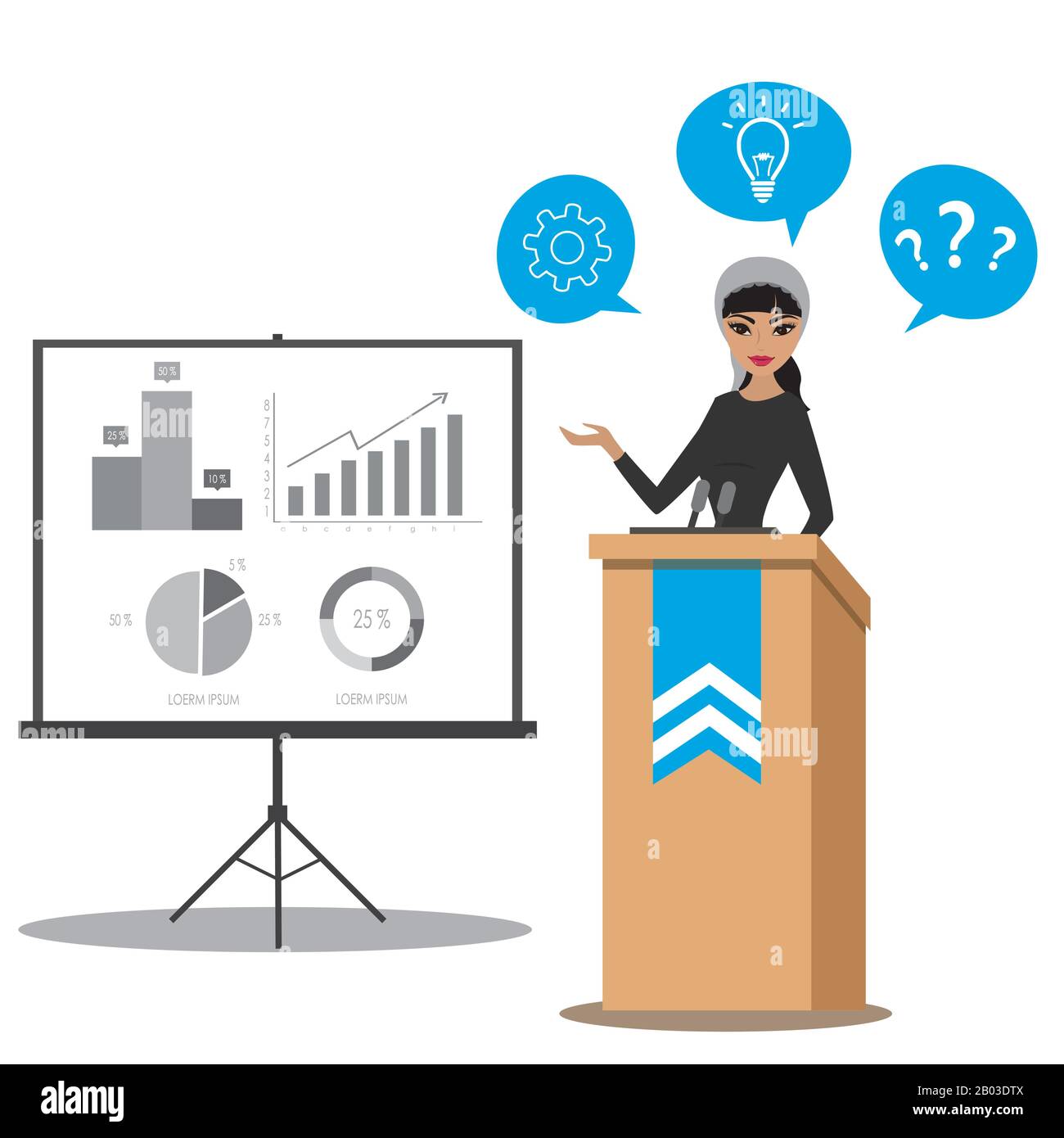 Arabic business woman speaking to audience from tribune. Muslim lady ...