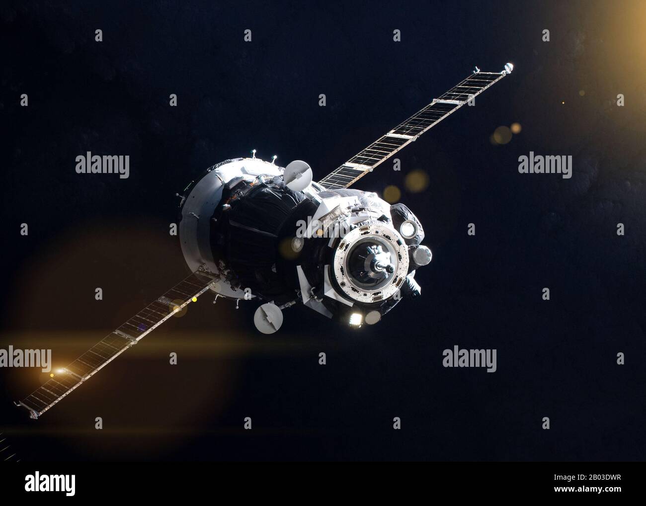 Soyuz MS-21 manned spacecraft in orbit around the Earth. Solar system. Elements of this image ...