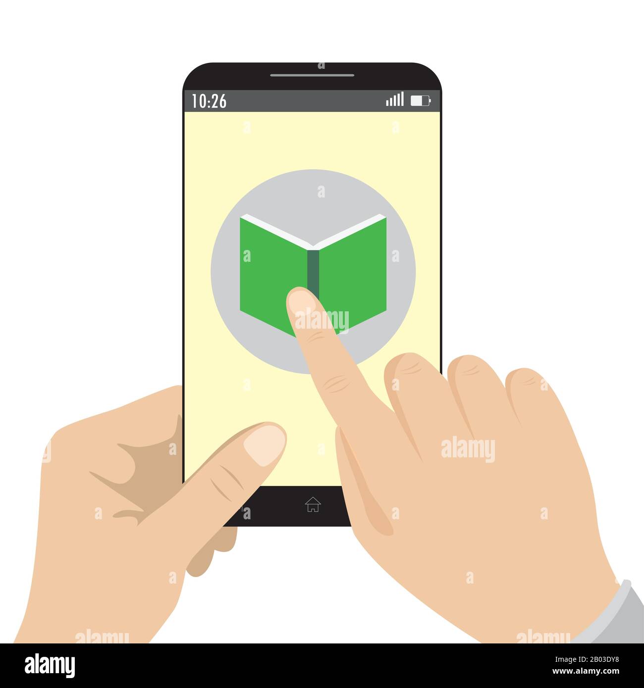 hand holding smart phone- book reader application on screen.Cartoon ...