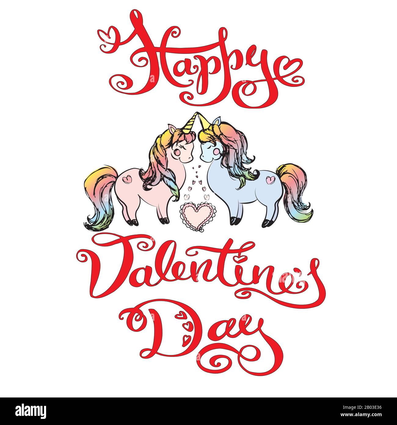 Happy valentines day card with couple of unicorns,isolated on white ...