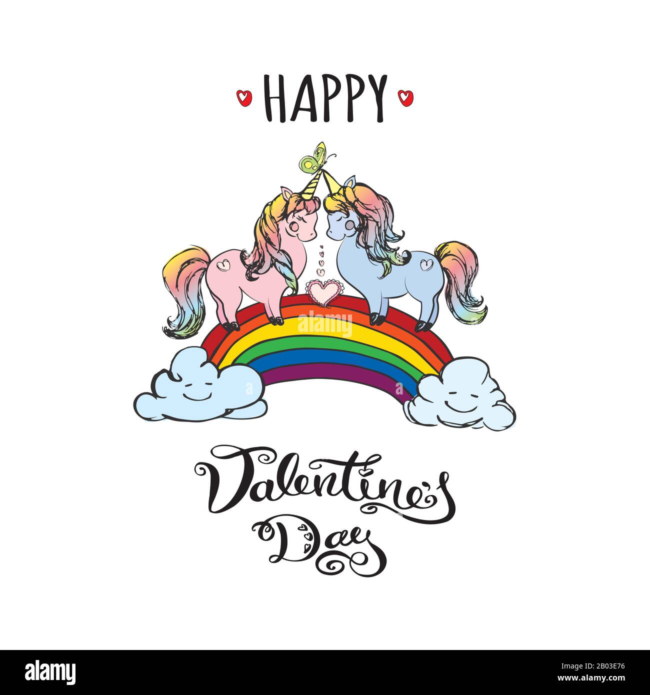 Happy valentines day card with couple of unicorns,isolated on white ...
