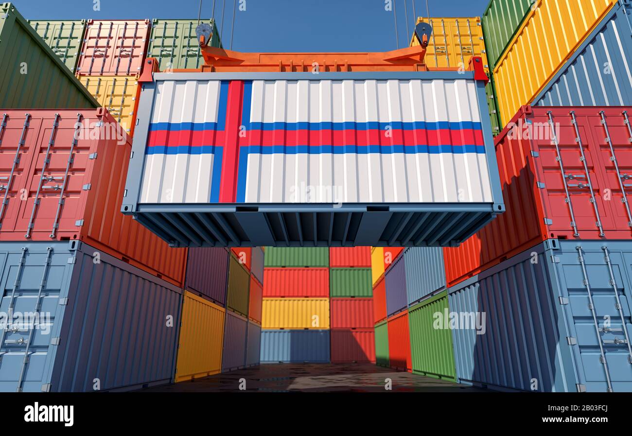 Container Terminal - Freight container with Faroe Islands flag. 3D ...