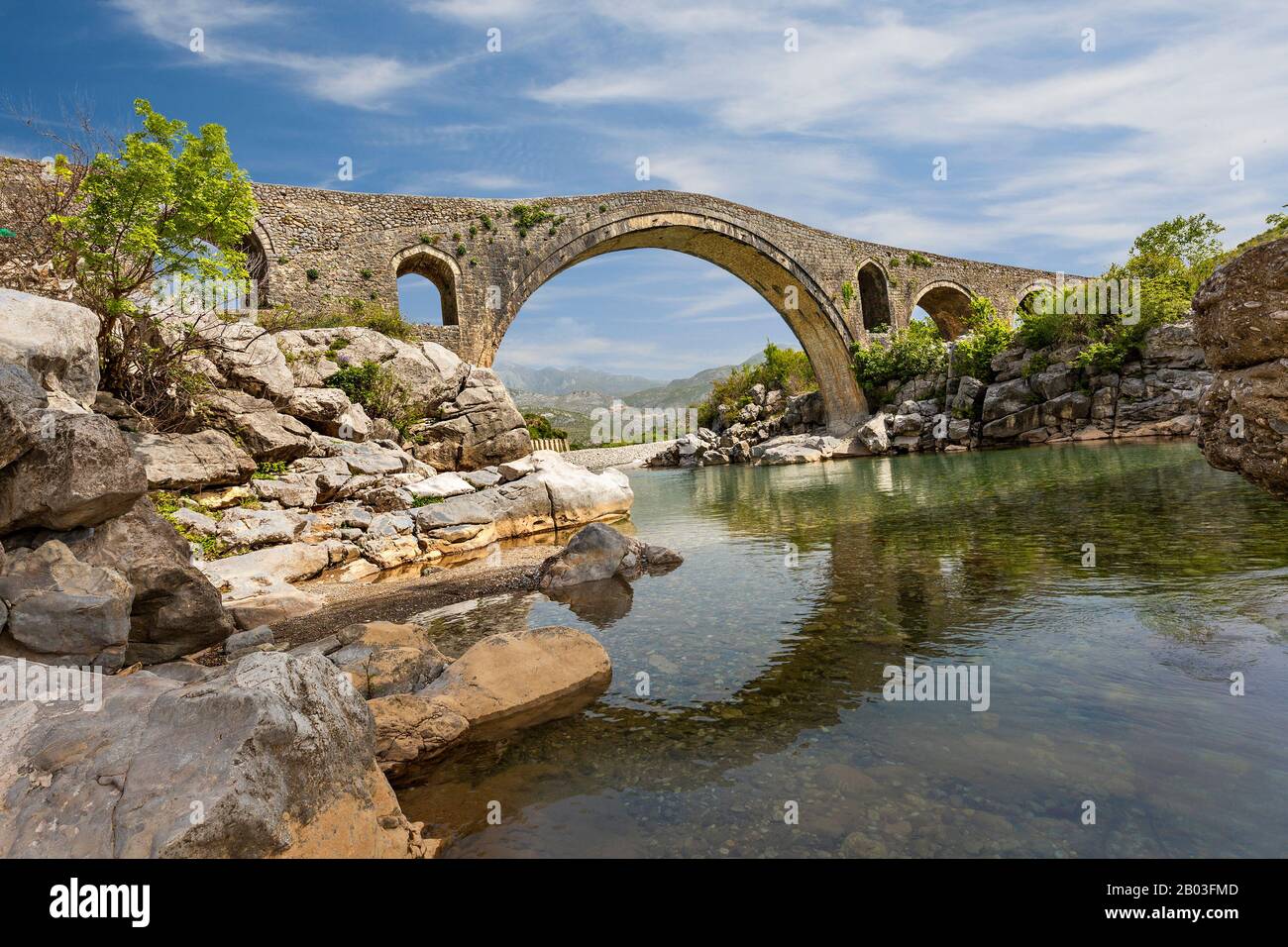Historical Mesi Bridge near the city of Shkoder in Albania Stock Photo ...