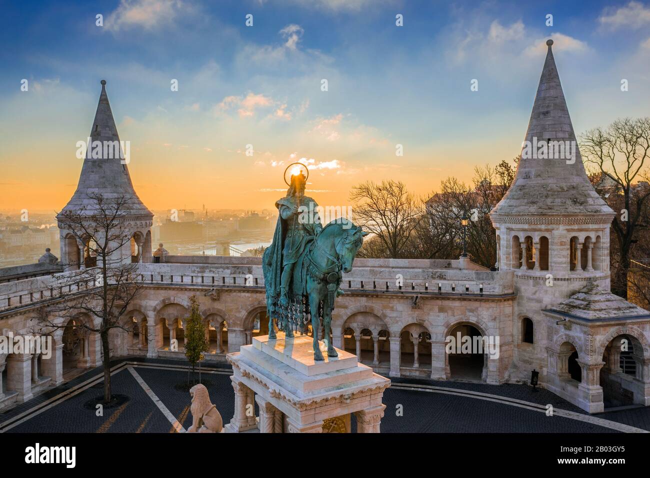 Budapest, Hungary - Aerial view of the towers of the famous Fisherman's ...