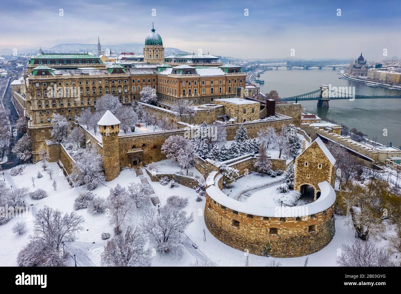 Budapest, Hungary - Aerial view of the snowy Buda Castle Royal Palace ...