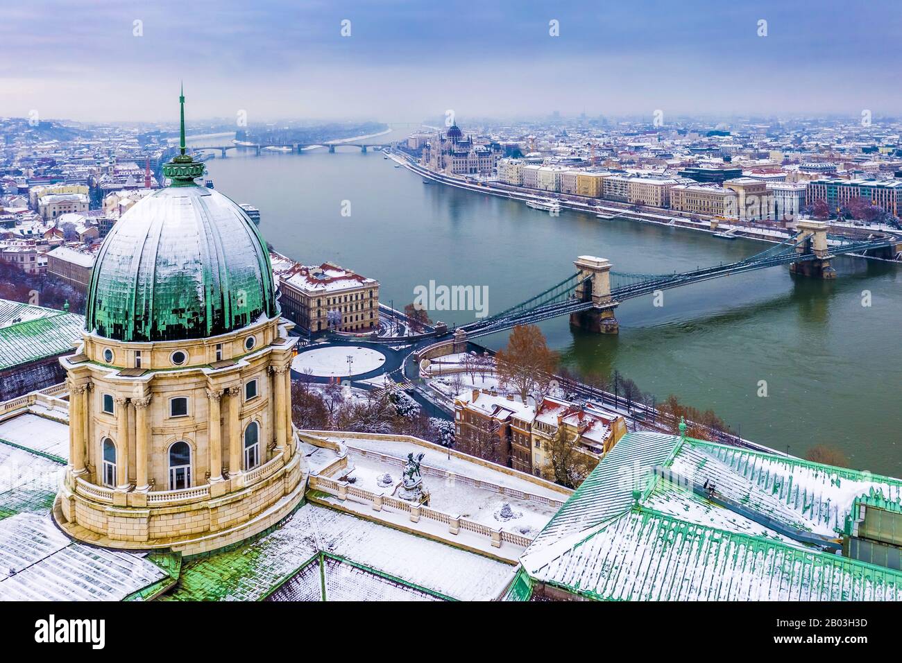 Budapest, Hungary - Aerial view of the dome of snowy Buda Castle Royal ...