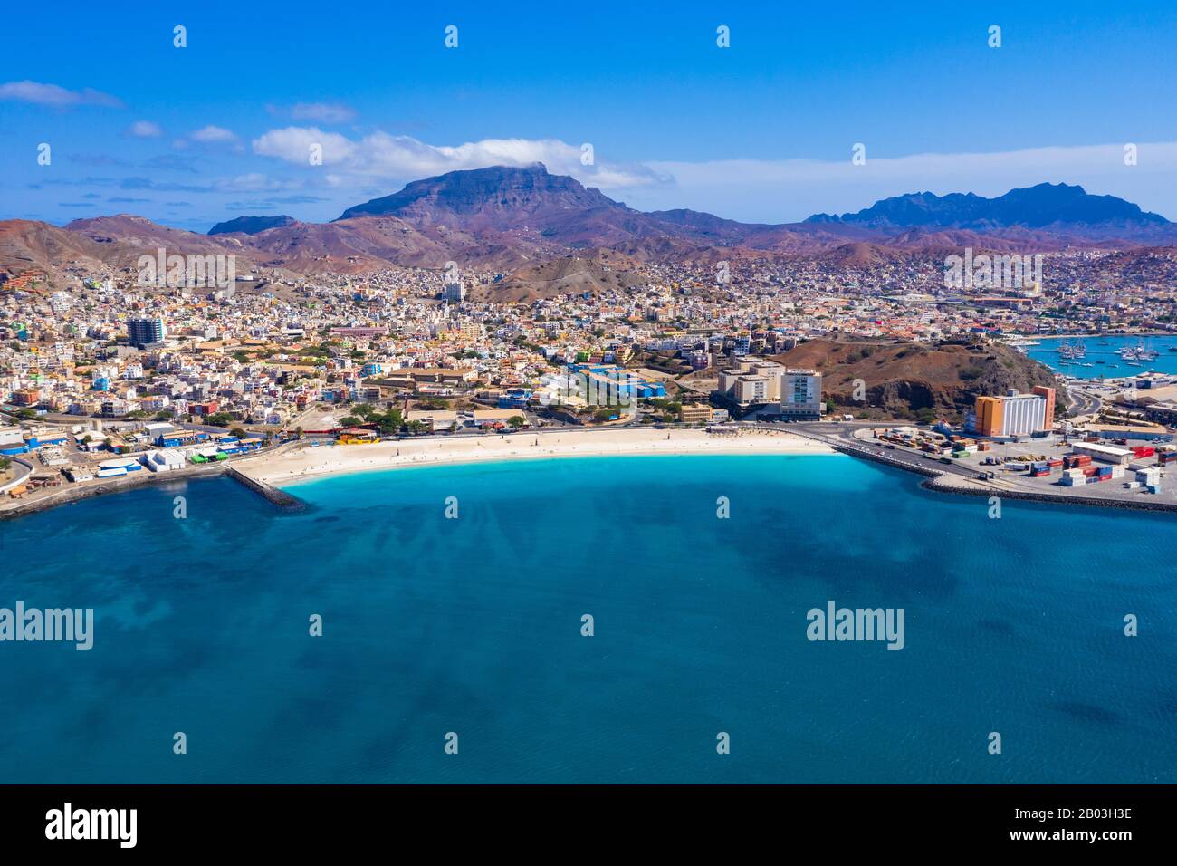 Aerial view of Laginha beach in Mindelo city in Sao Vicente Island in ...