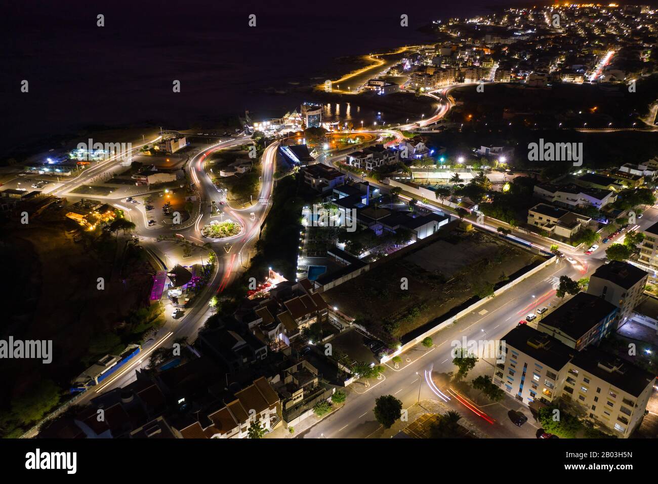 Night aerial view of Praia city in Santiago in Cape Verde Islands (Cabo ...