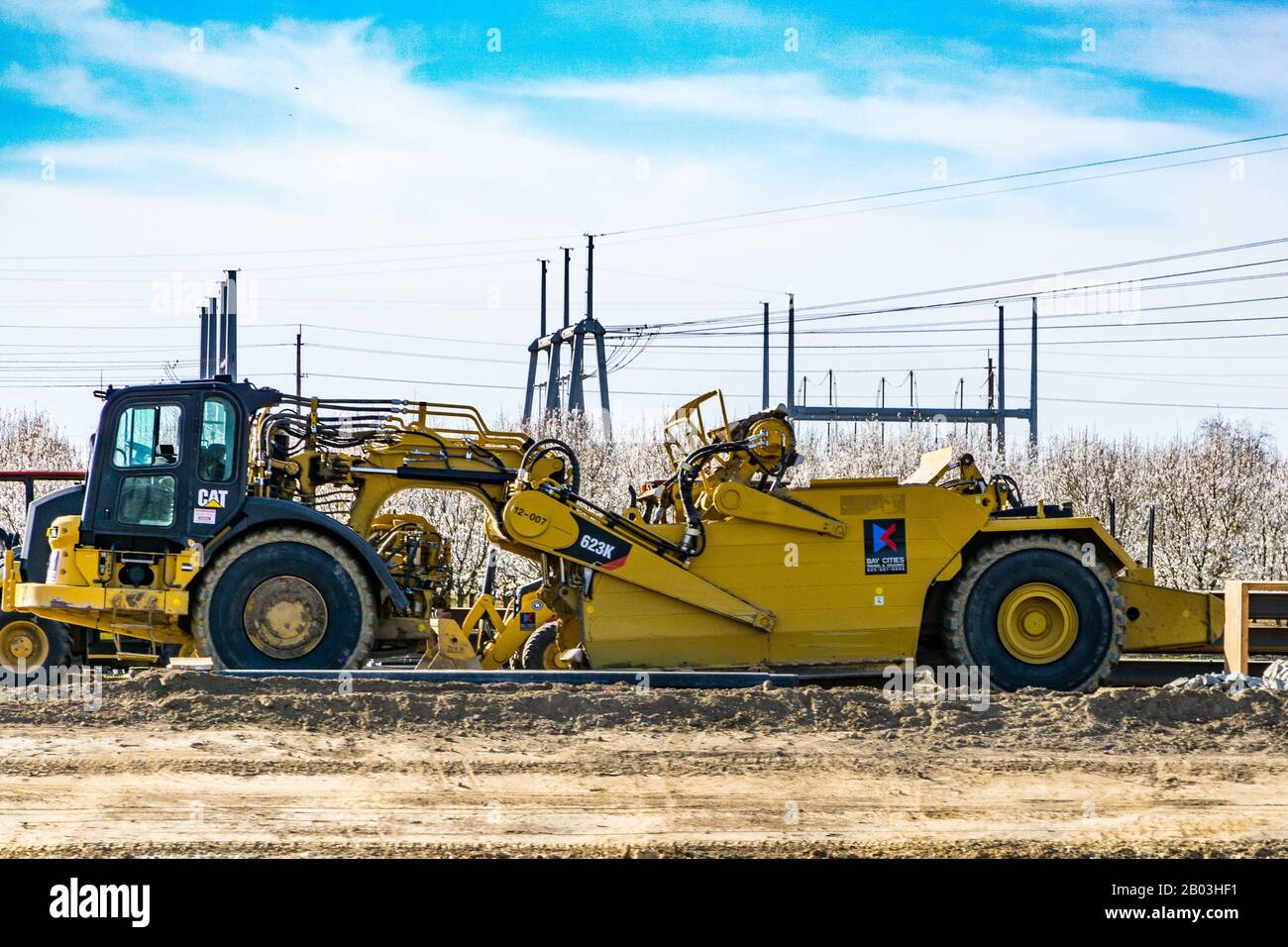 Heavy Equipment lined up in Modesto California USA for the rerouting of ...