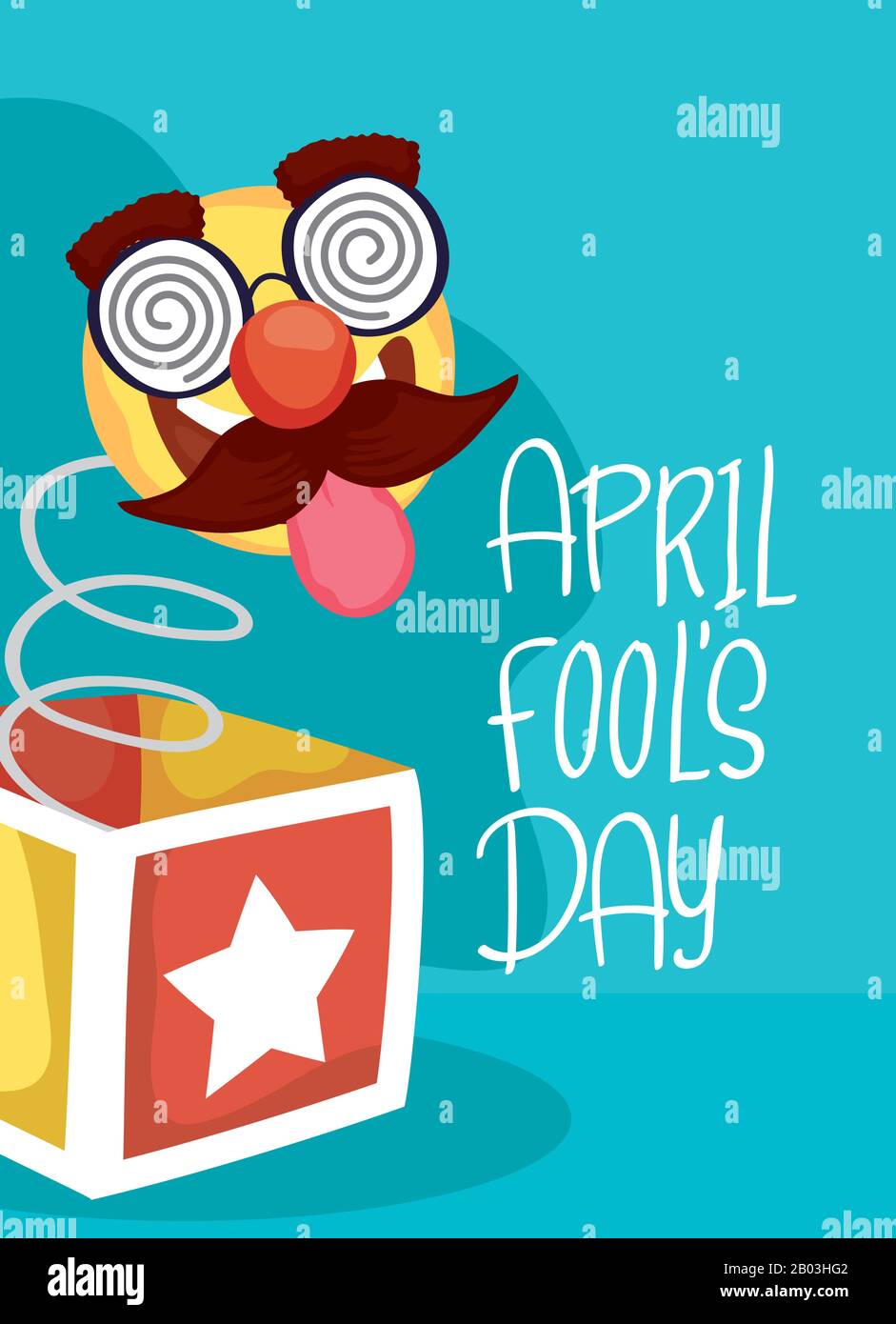 happy april fools day card with surprise box and crazy emoji Stock ...