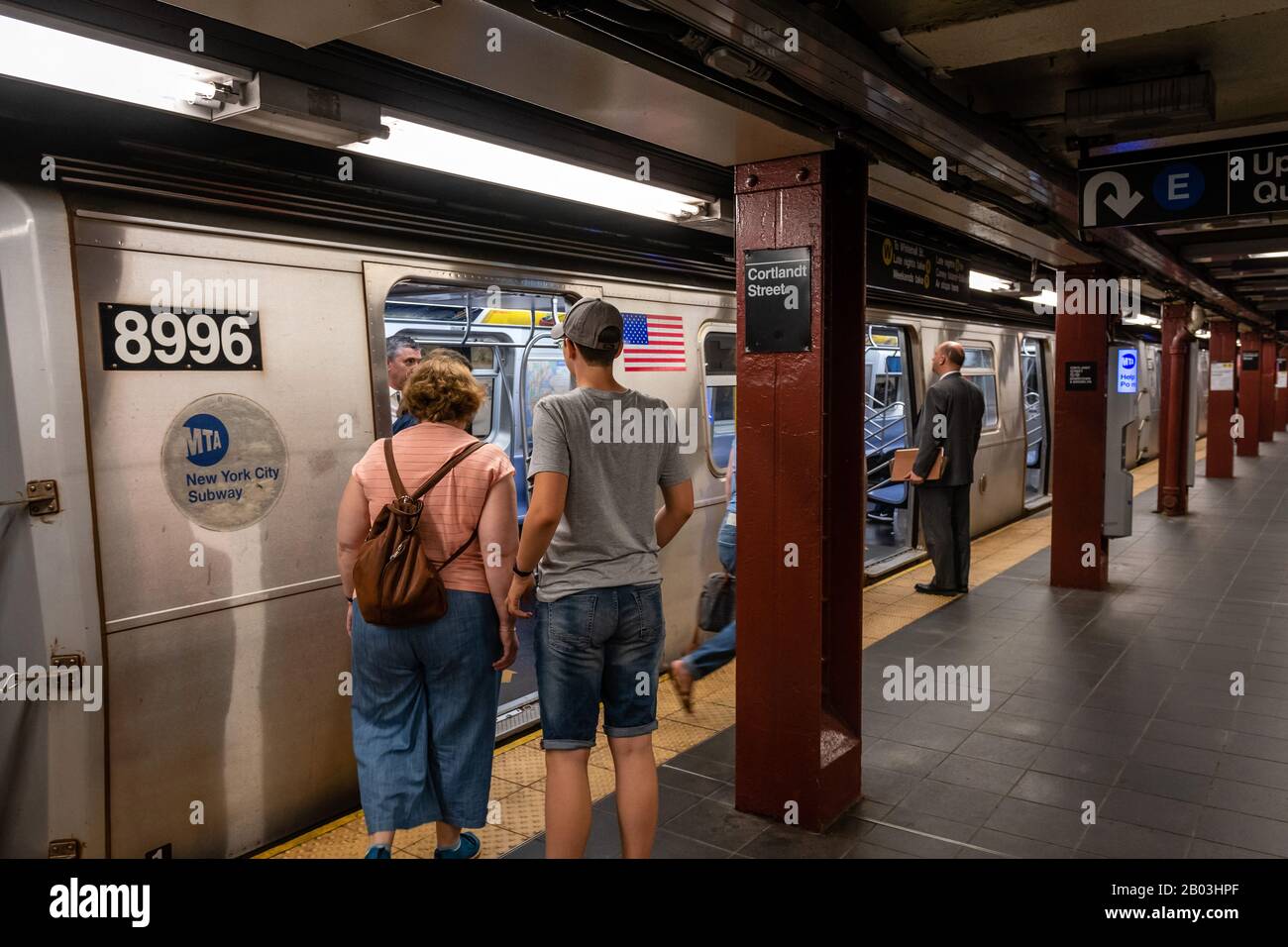New York City, USA - June 7, 2019: Rail passengers board a subway train ...