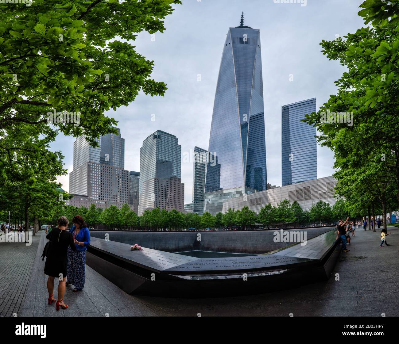 New York, USA - June 7, 2019: Ground level view of the 9/11 memorial ...