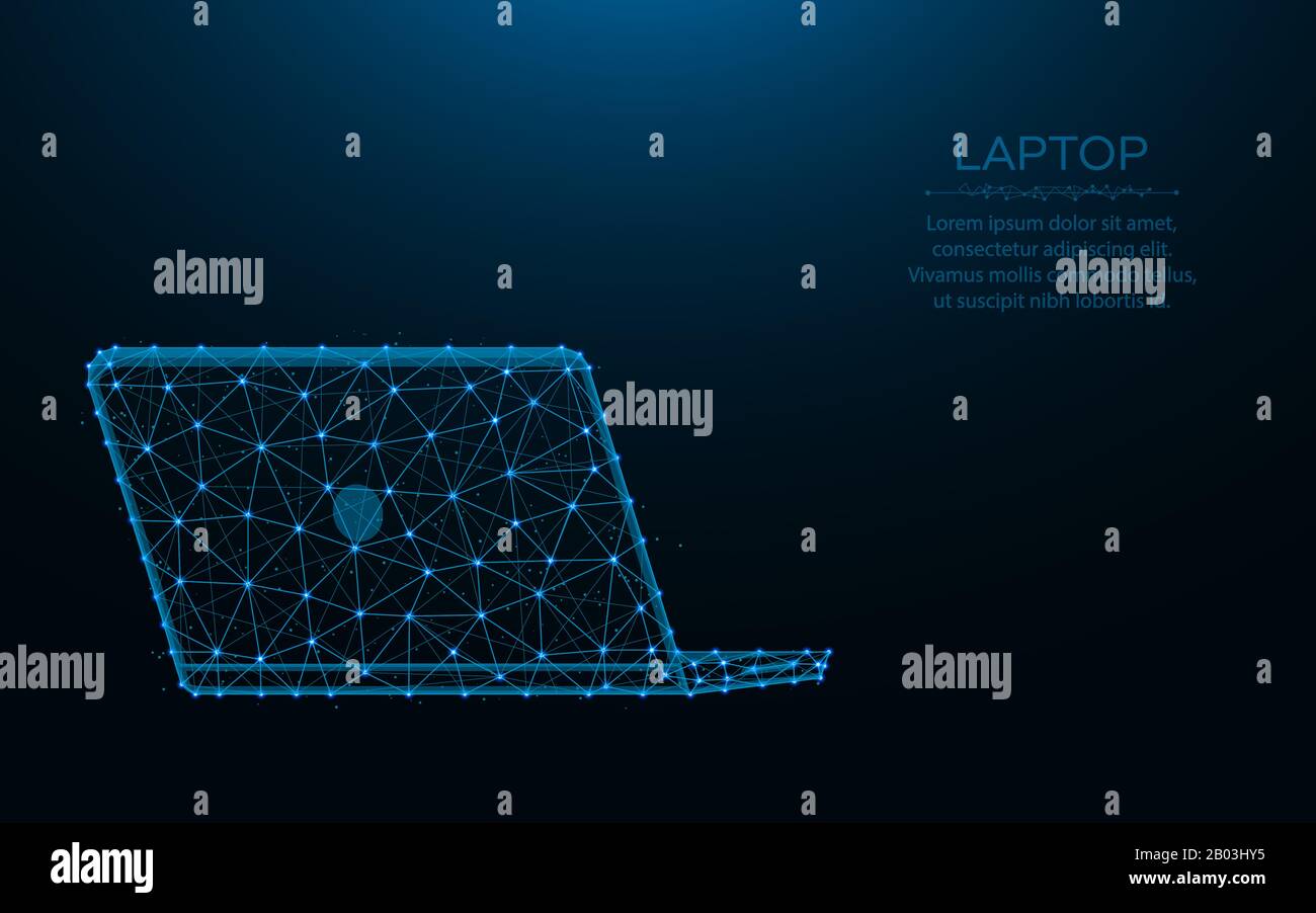 Laptop made from points and lines on dark blue background, computer wireframe mesh polygonal ...