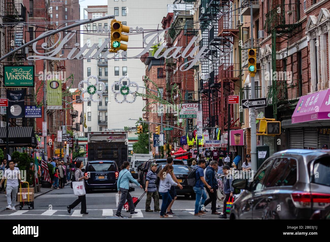 New York, USA - June 21, 2019: Corner of Mulberry Street and Broome ...