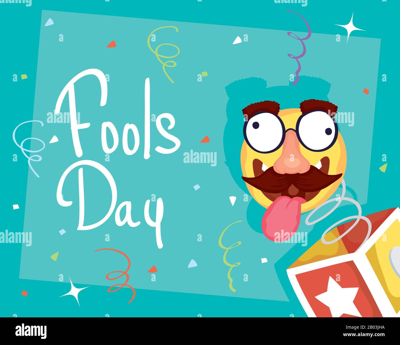 happy april fools day card with surprise box and crazy emoji Stock ...