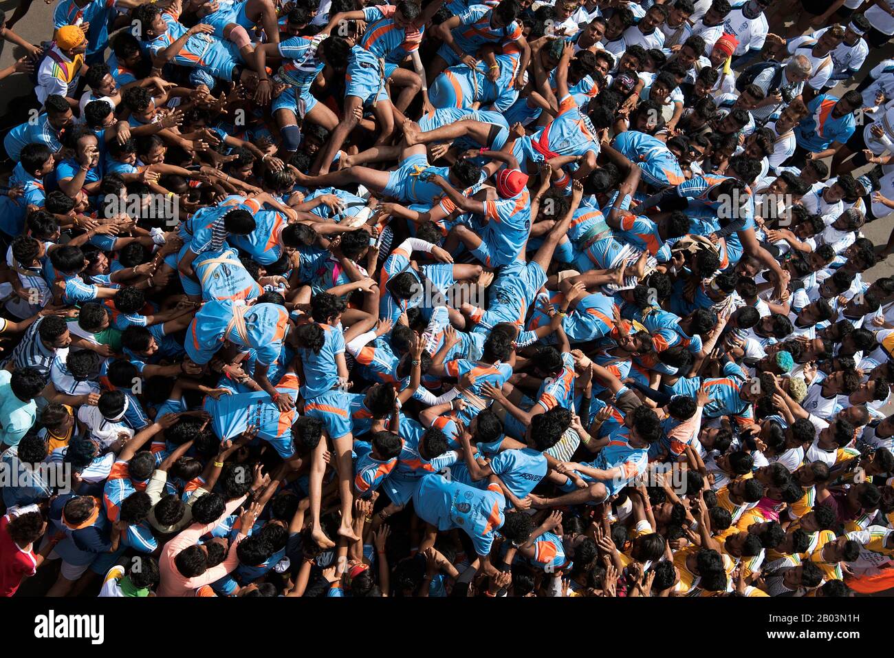 The image of Govindas fall down while making a human pyramid to reach ...