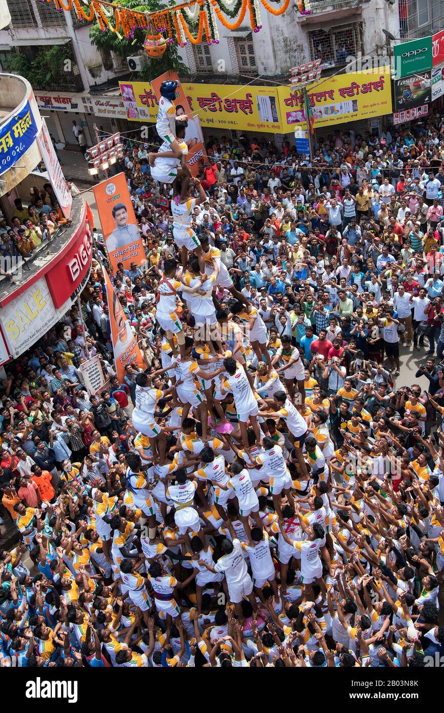 The image of Human pyramid breaking dahi Handi in the festival in ...