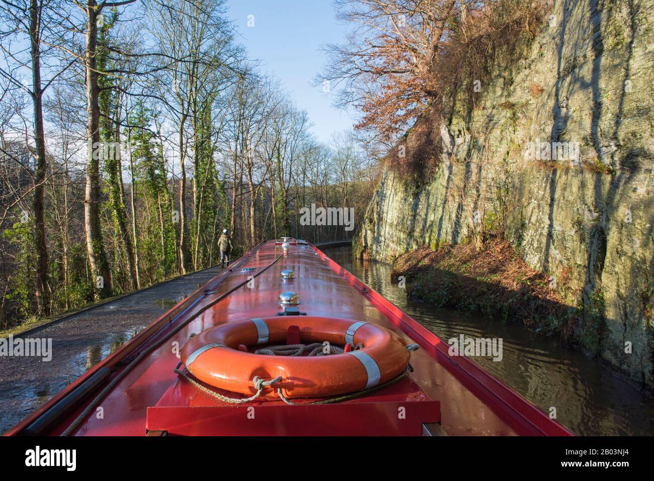 View from a narrowboat travelling in English rural countryside scenery ...