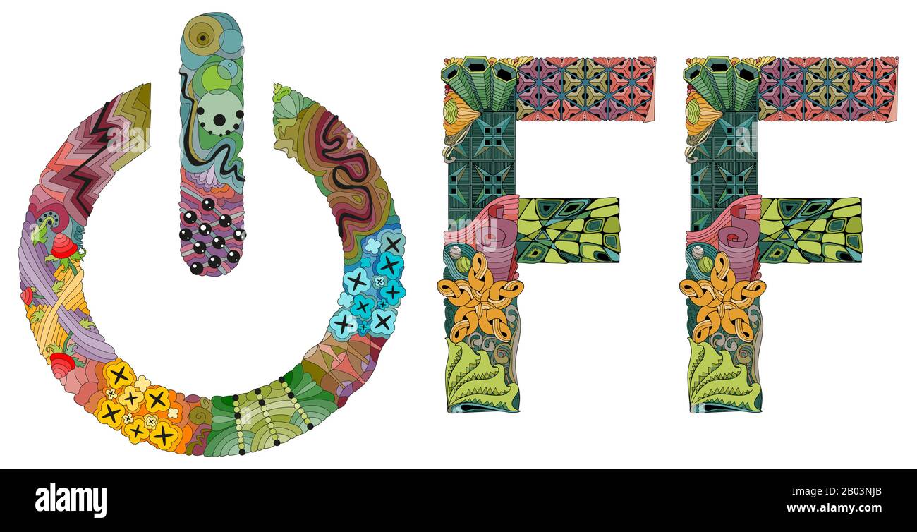 Word OFF with power button. Vector zentangle object for decoration ...