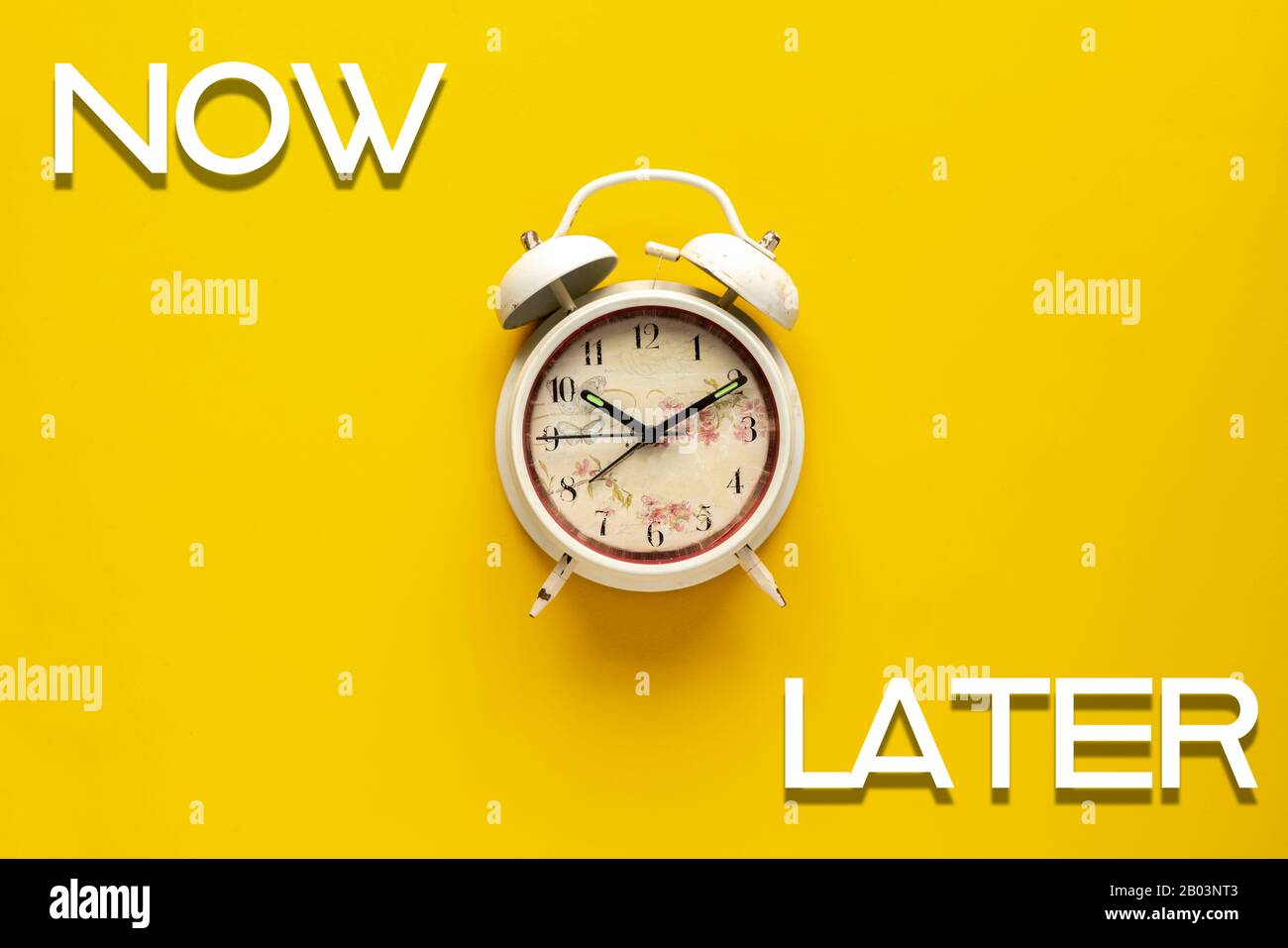 a simple retro alarm clock on color background with words now and later ...