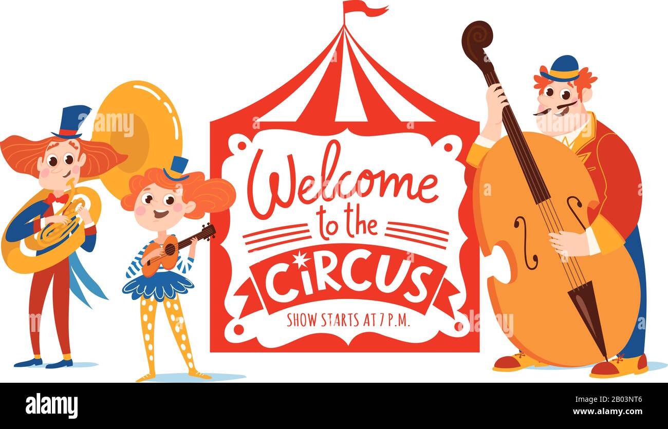 Welcome to the circus vector poster with lettering and cartoon cute ...