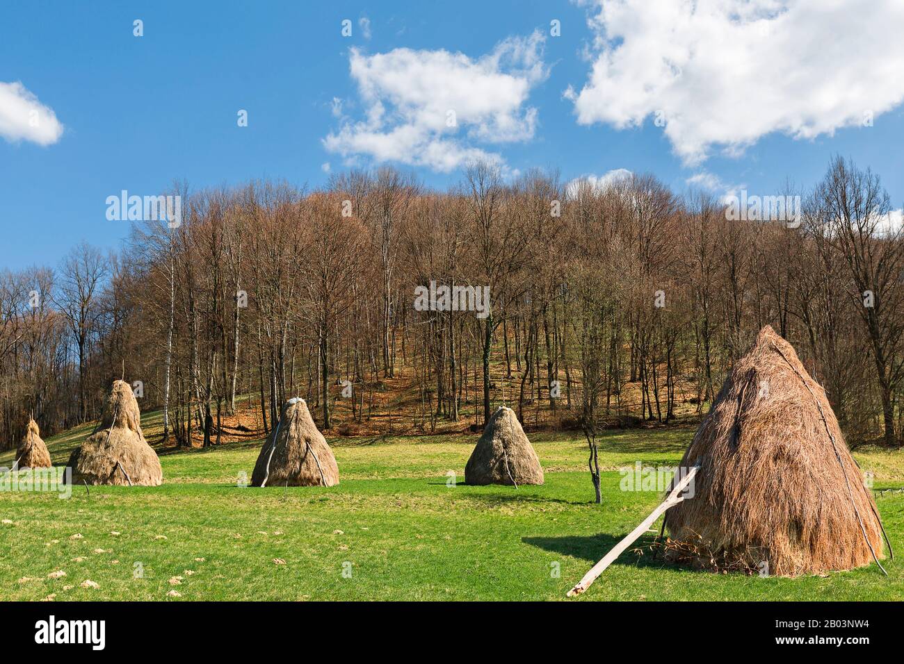 Stacks of hay in the countryside of Bosnia, near the city of Visoko, in ...