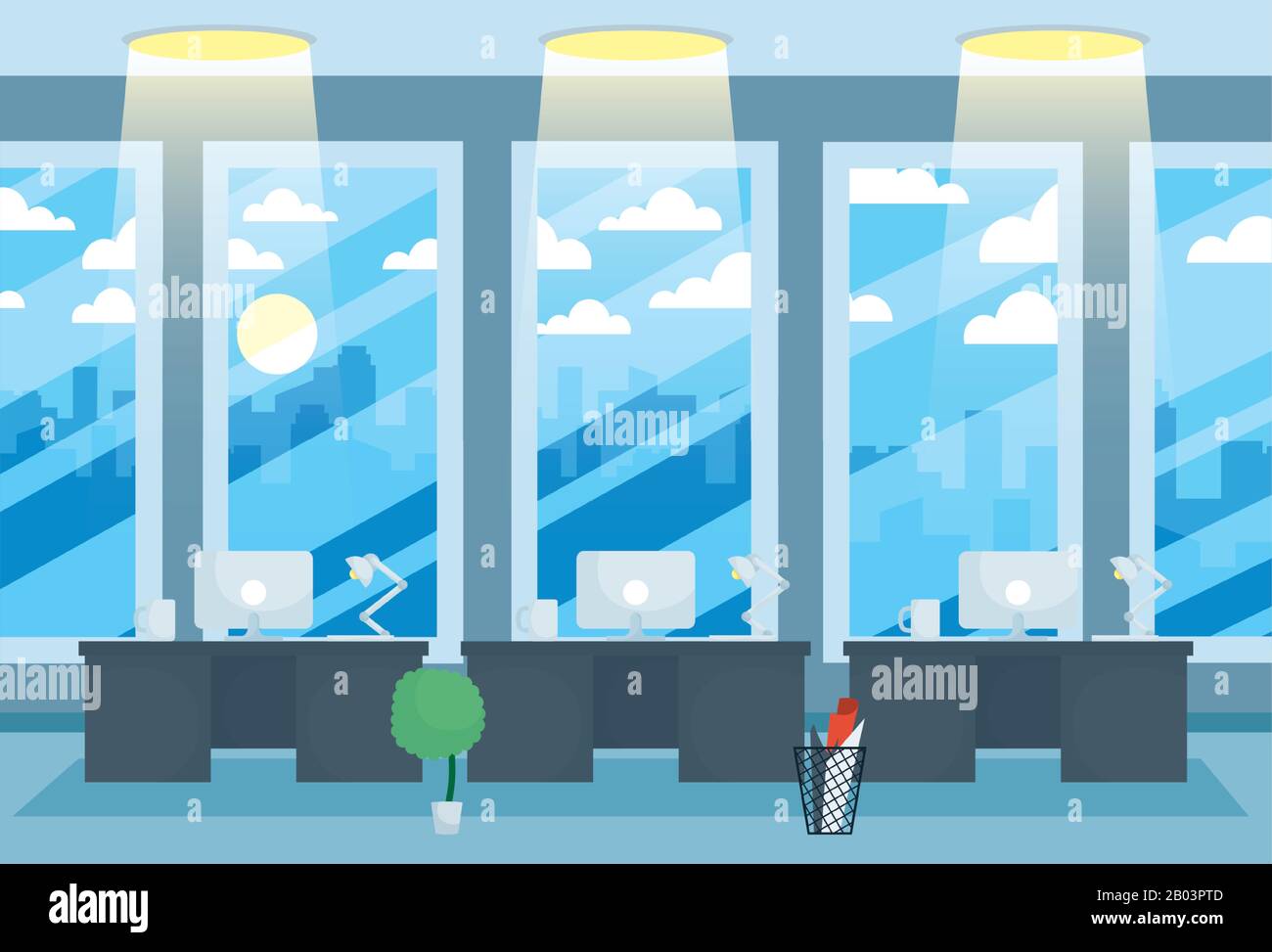 office workplace with desktops scene Stock Vector Image & Art - Alamy