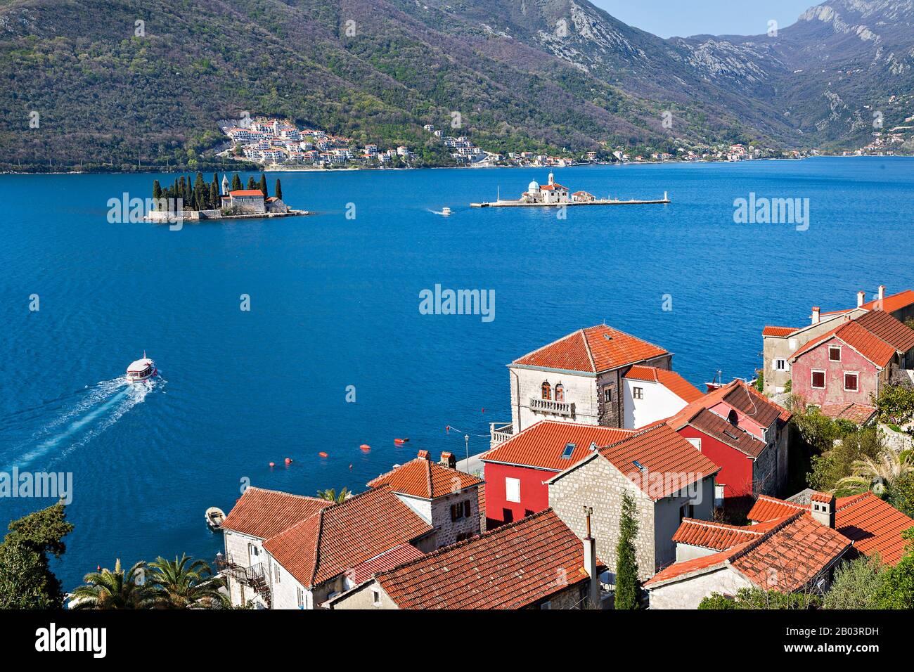 View over the town of Perast and the church islands in Kotor Bay ...
