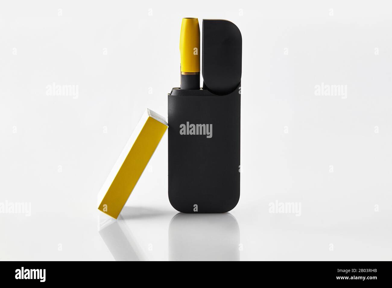 New generation black and yellow electronic cigarette in open battery ...