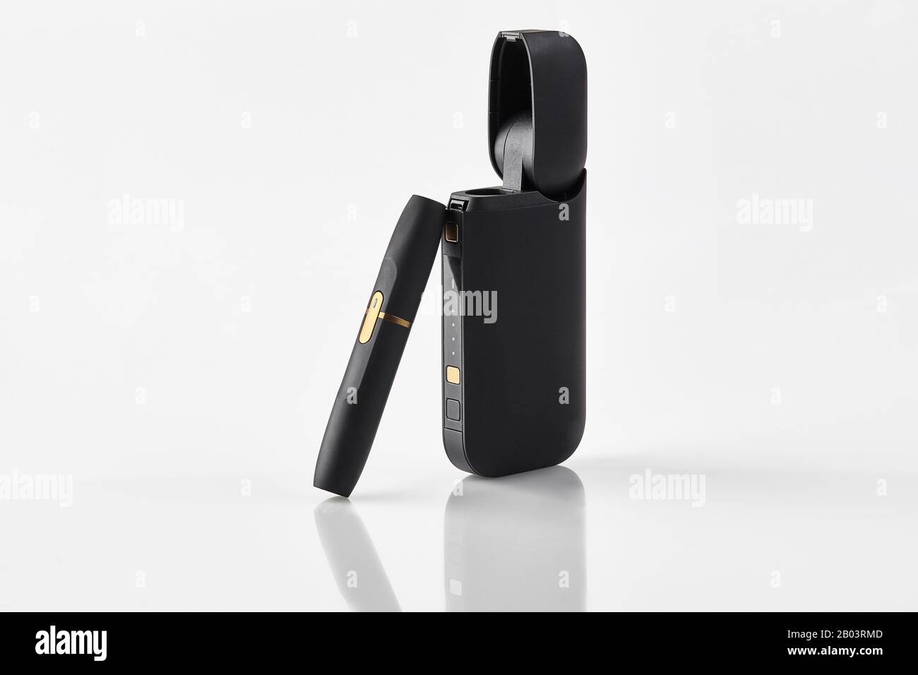 New generation black electronic cigarette and open battery isolated on ...