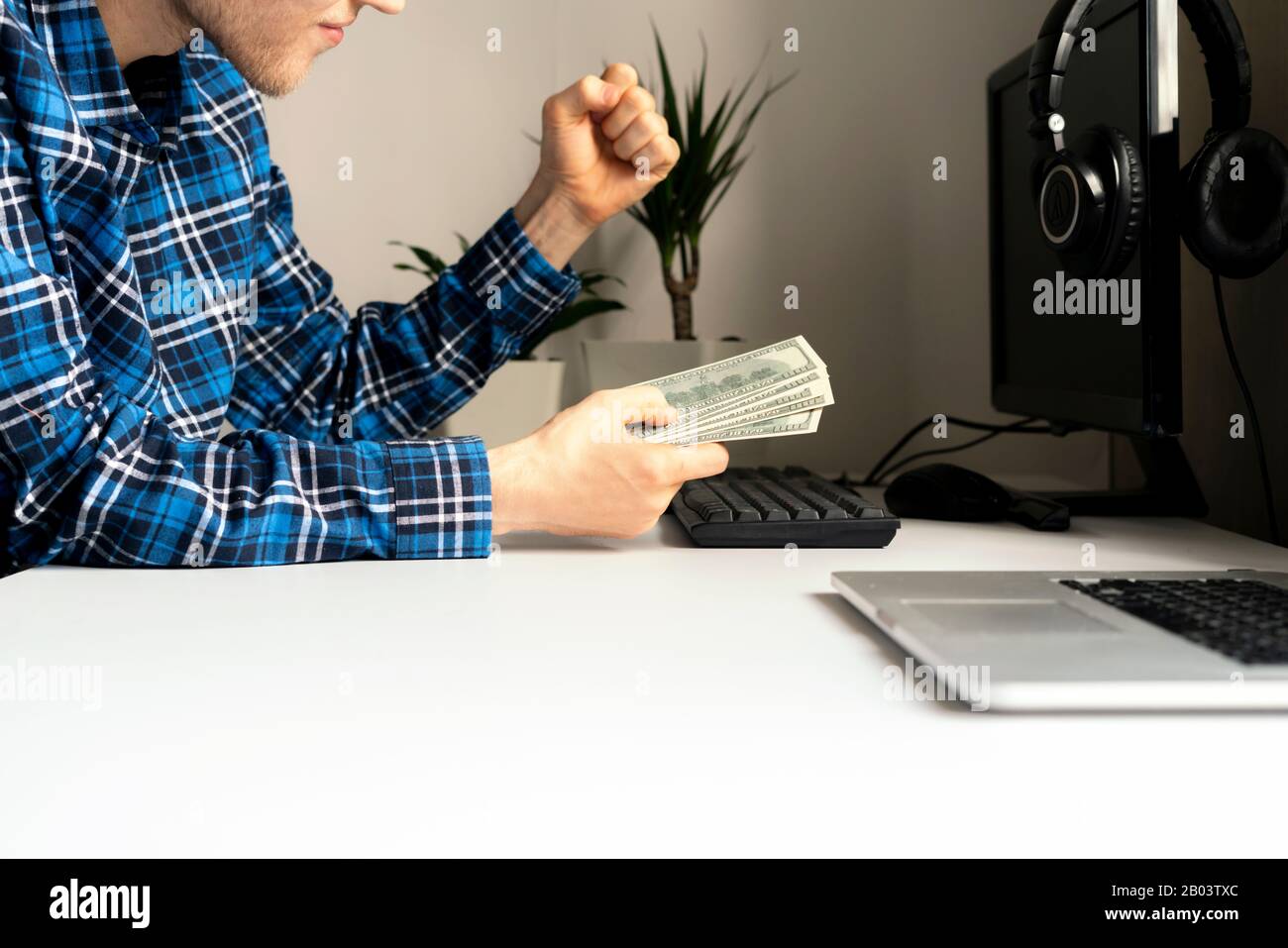 working at home. side hustle, person earned money via computer using ...