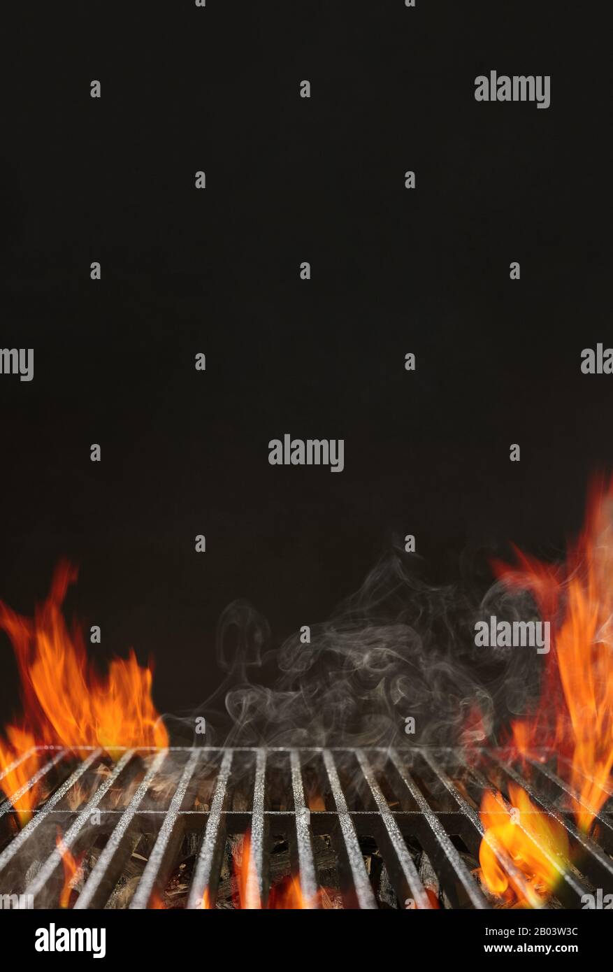 Hot empty barbecue BBQ grill with bright flaming fire, ember charcoal ...