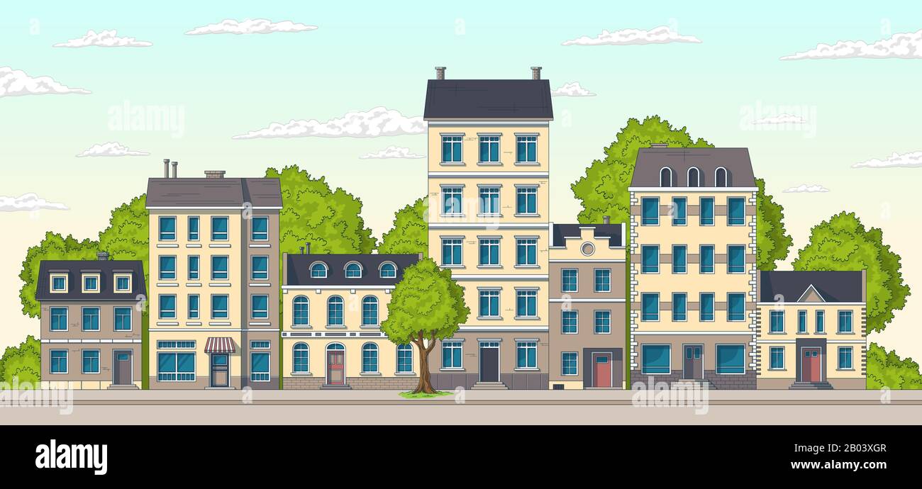 Cartoon cityscape panorama. Vector illustration with separate layers ...