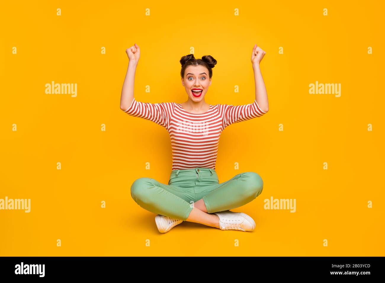 Hooray Full body photo of pretty crazy excited lady sit floor legs ...