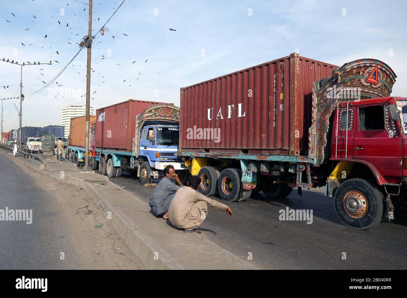 View of traffic jam due to protest demonstration of residents of Kemari ...
