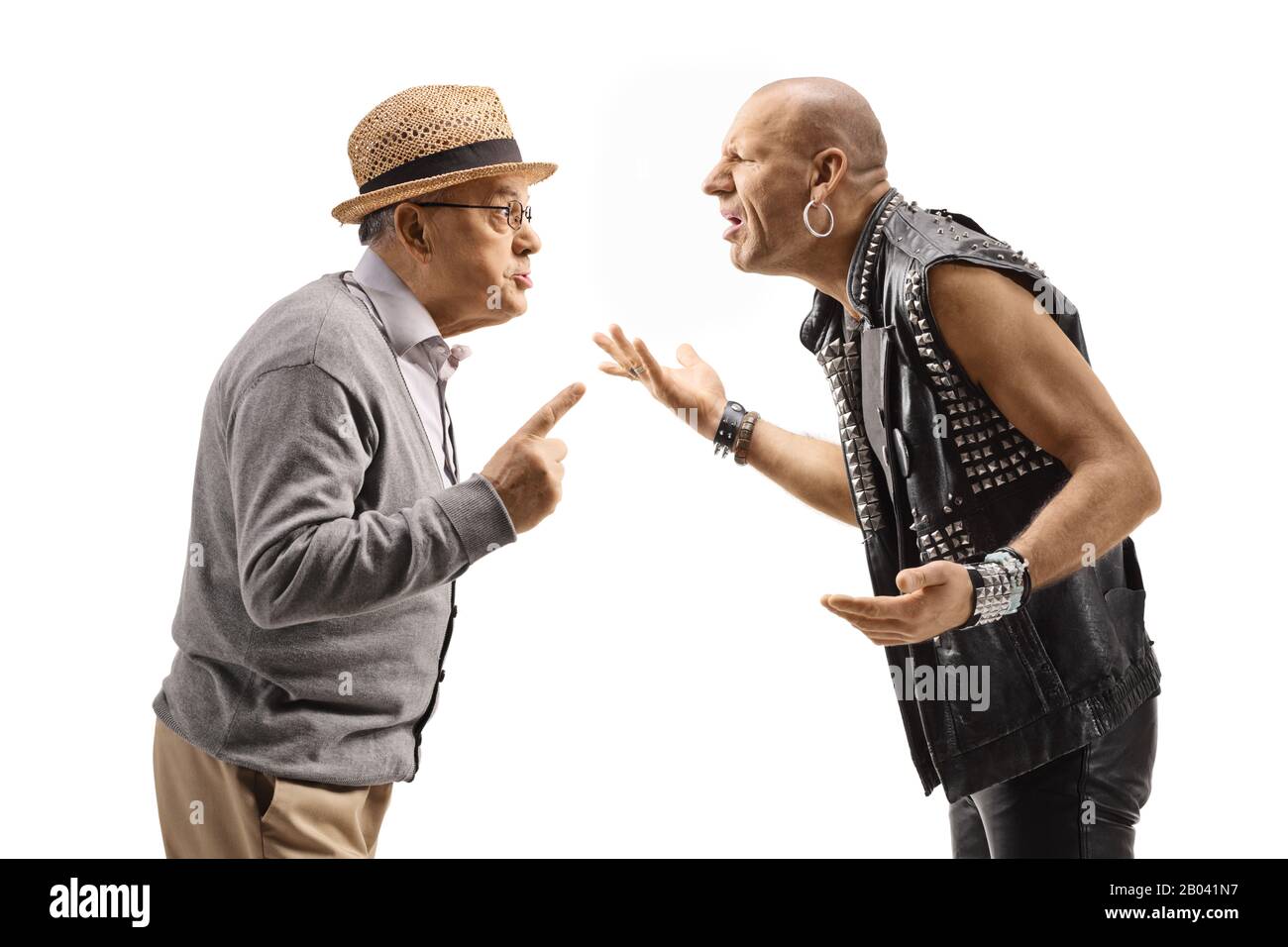 Angry punk shouting at an elderly gentleman isolated on white ...