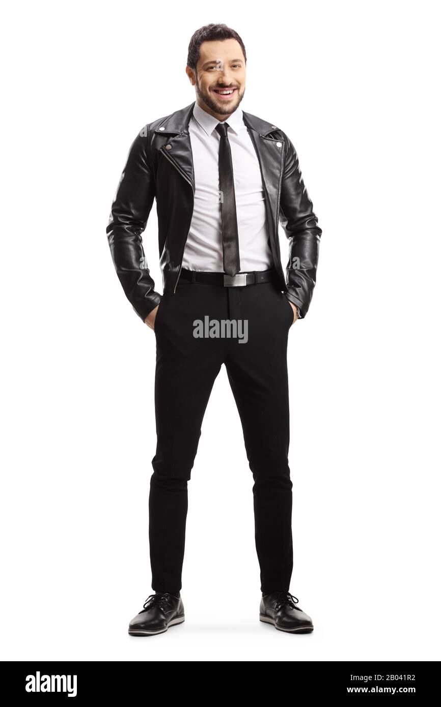 Full length portrait of a man in a leather jacket and tie posing ...