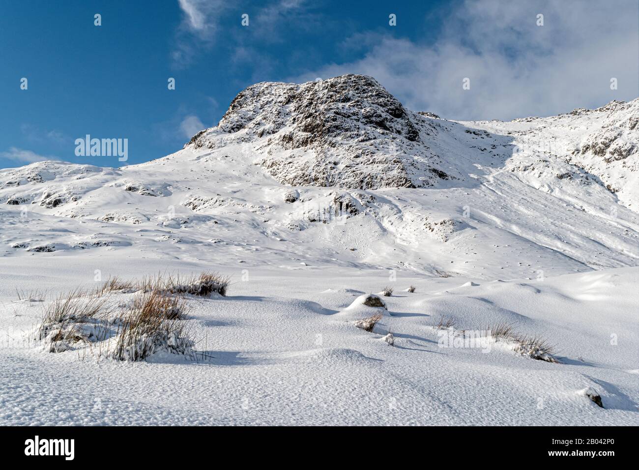 A snow-covered Harrison Stickle viewed from Stickle Tarn Stock Photo ...
