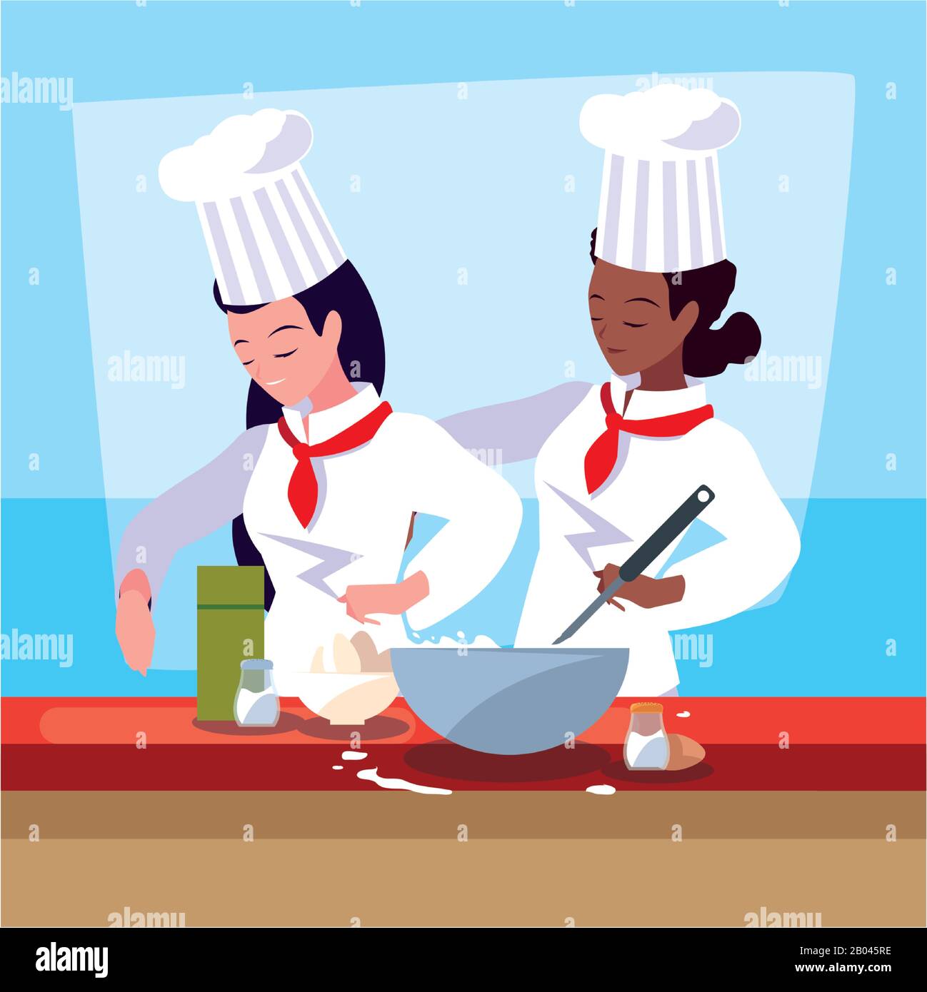beautiful women cooking, chef in white uniform vector illustration ...