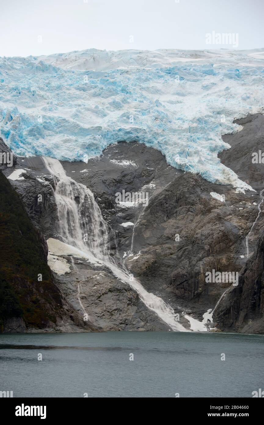 View of the Romanche Glacier with waterfall from the Beagle Channel in ...