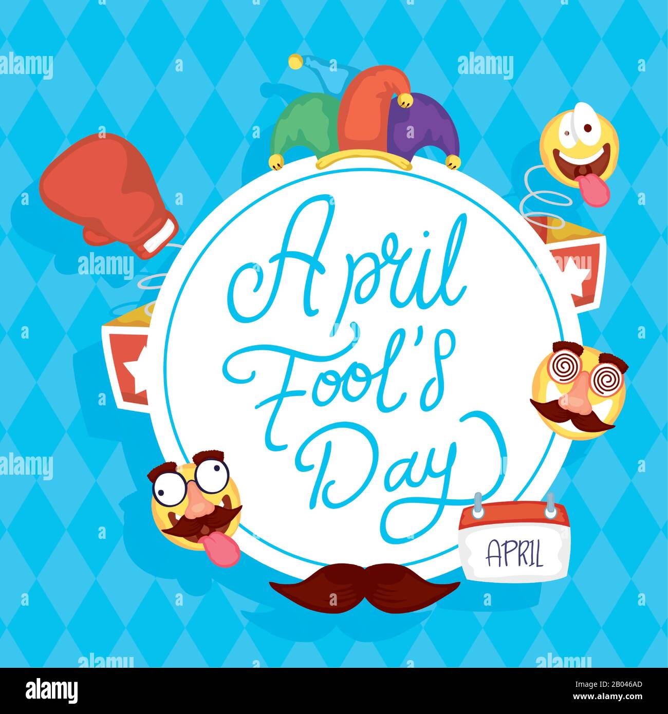 happy april fools day card with circular frame and set icons Stock ...