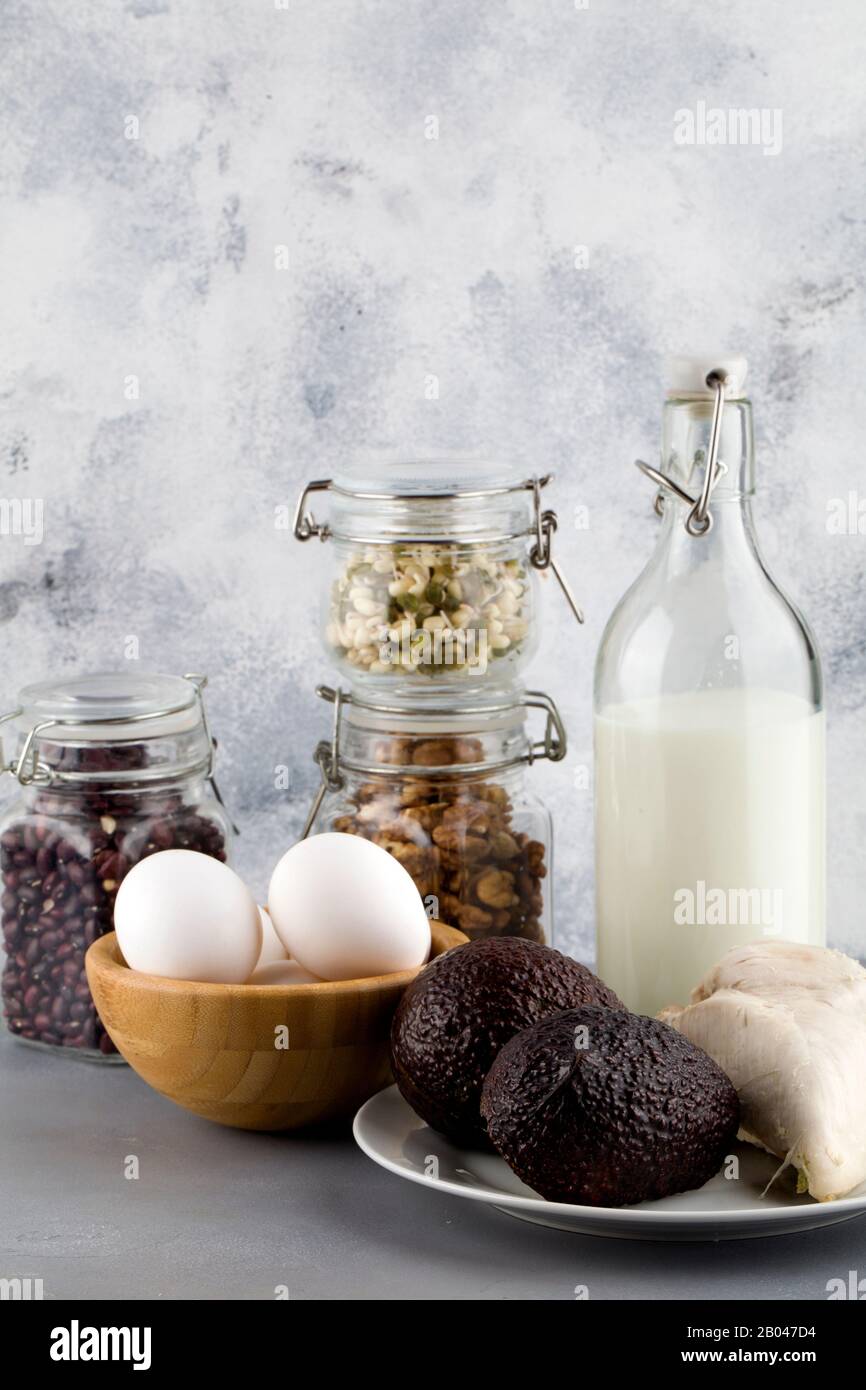 Food rich in biotin. Natural sources of vitamin B7. food : milk chicken ...