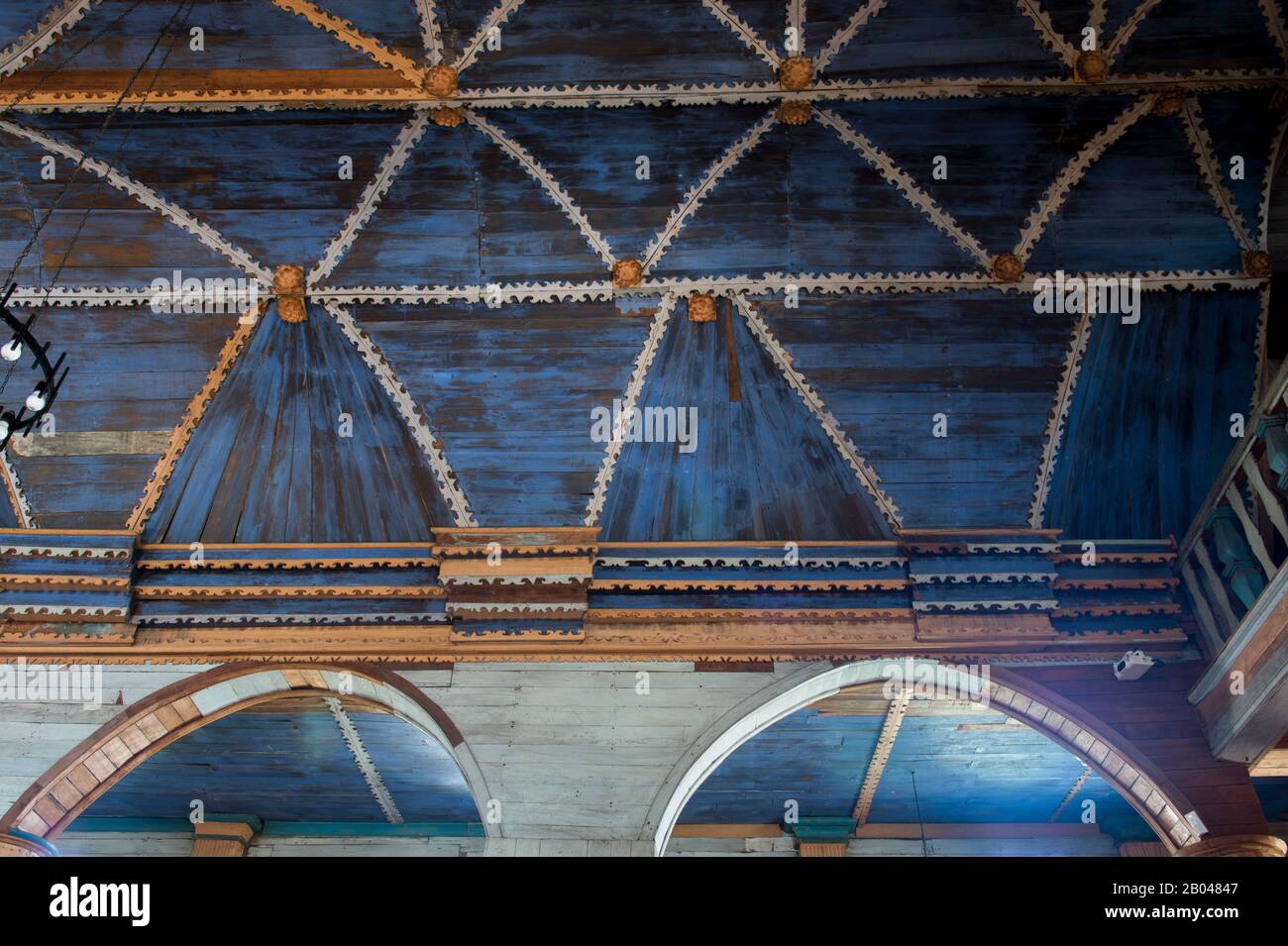 View of the indigo ceiling of the wooden Church of Santa María de ...