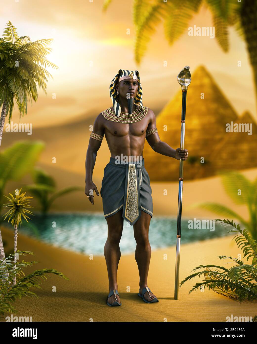 A mighty Egyptian Pharaoh in his royal clothing, Egyptian head scarf ...