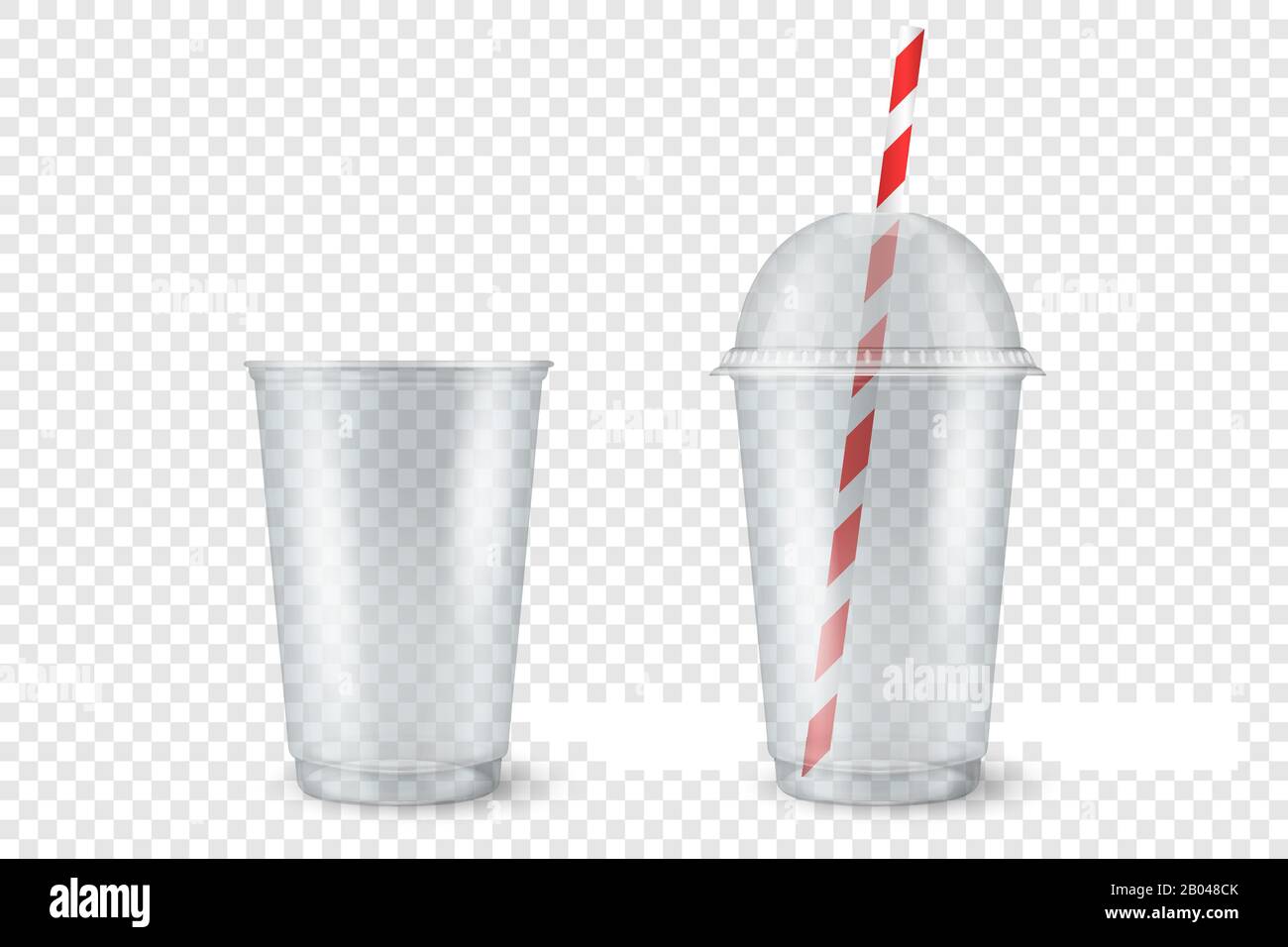 Vector Realistic 3d Empty Clear Plastic Opened, Closed Disposable Cup with Straw Set Closeup ...
