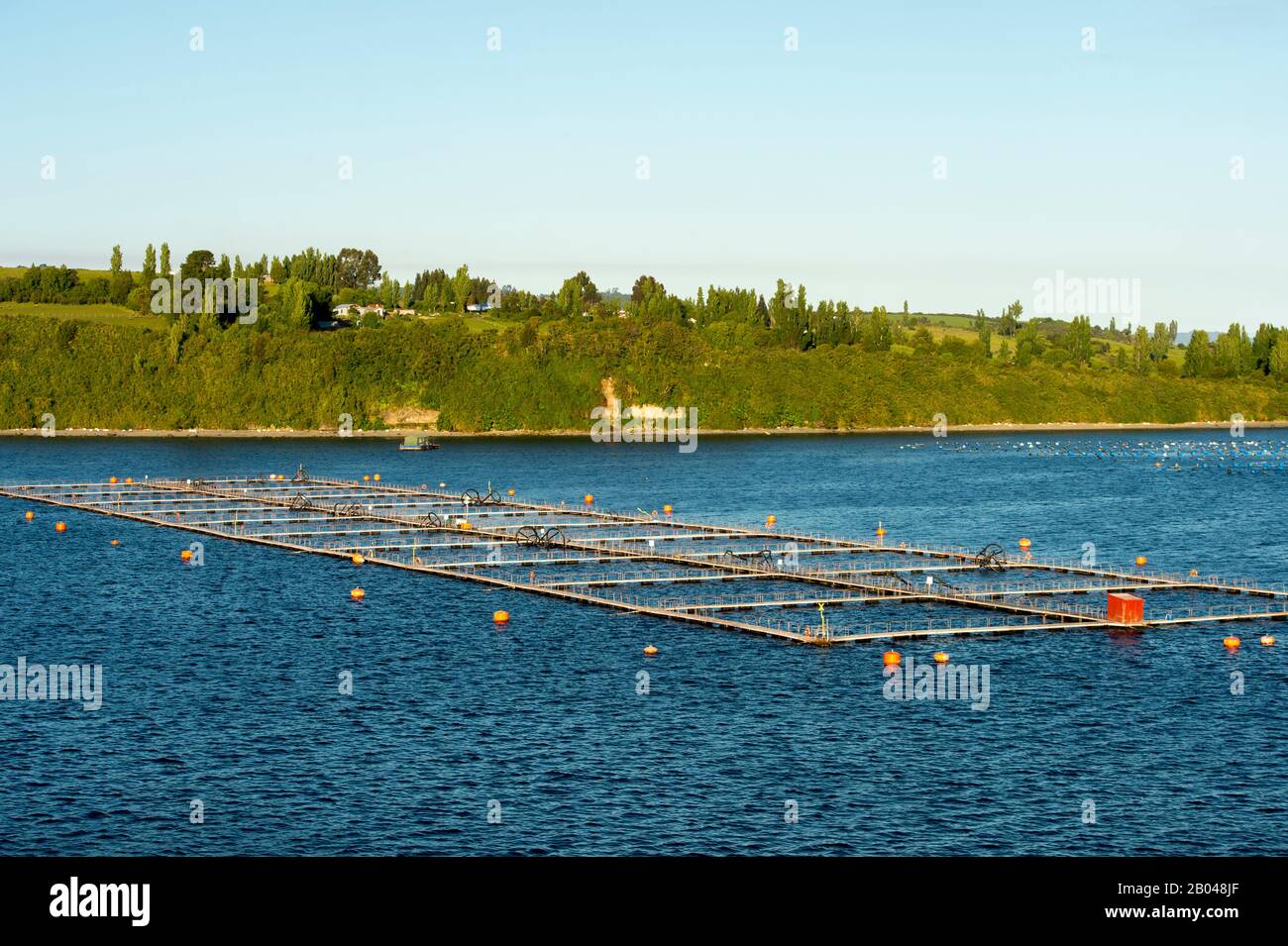 View of salmon farms near Chiloe Island in southern Chile Stock Photo ...