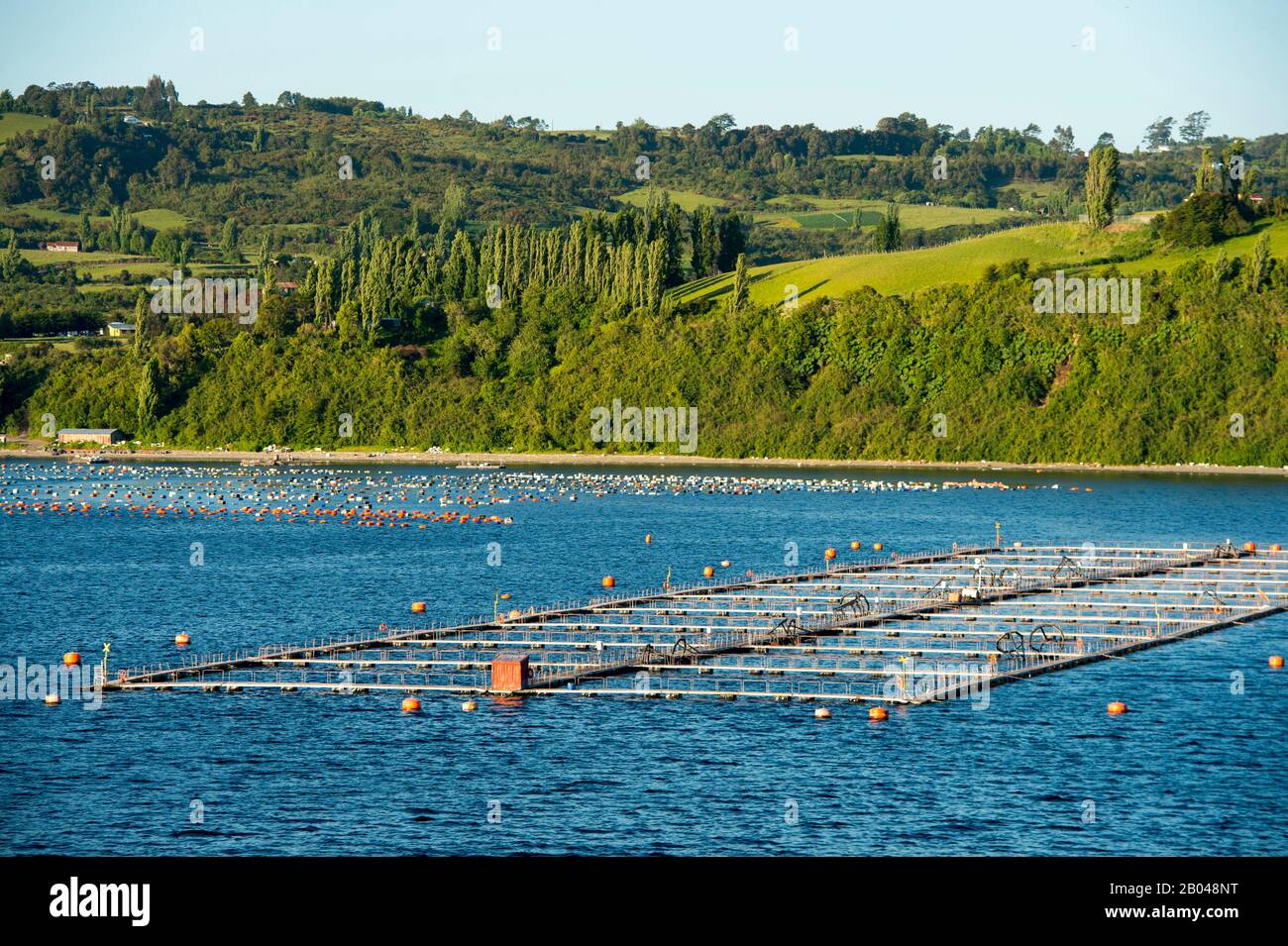 View of salmon farms near Chiloe Island in southern Chile Stock Photo ...