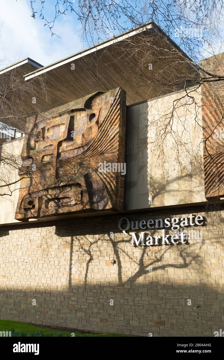 Exterior view of Huddersfield Queensgate Market with decorative panel ...