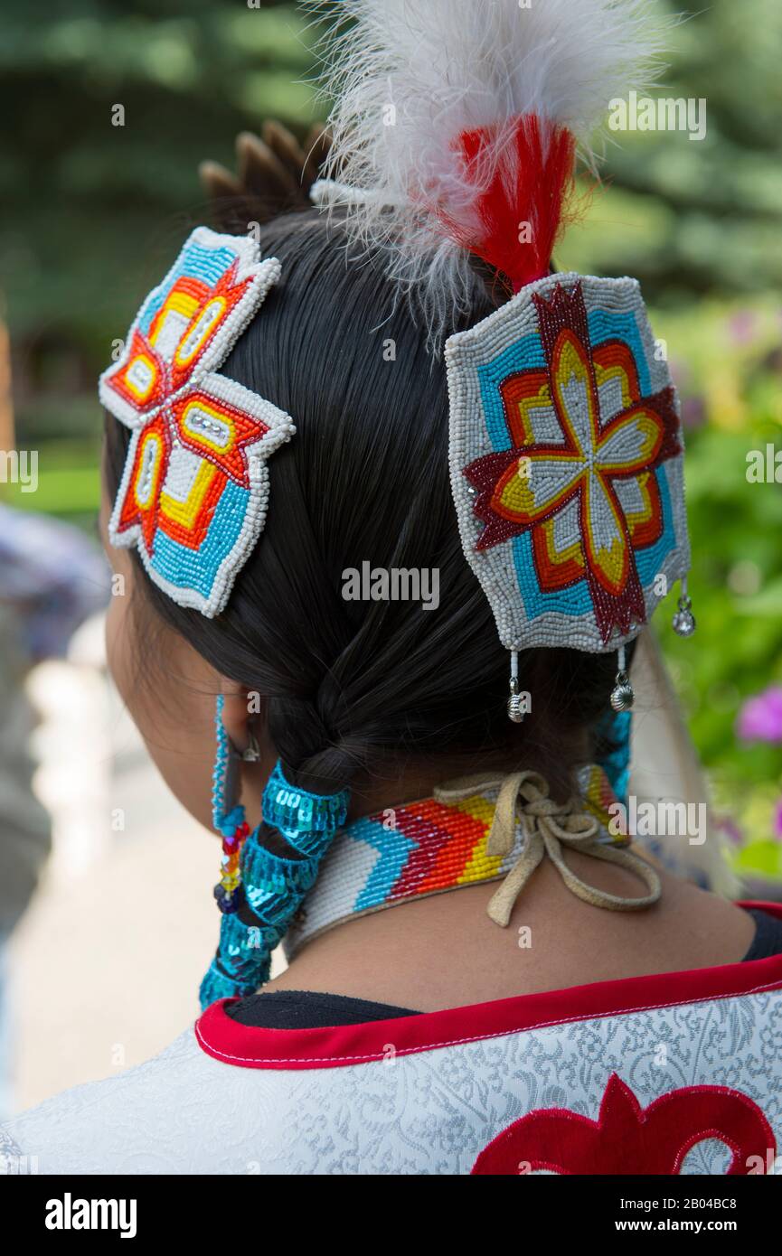 Detail of bead decorations of a young Salish woman (Model Release ...